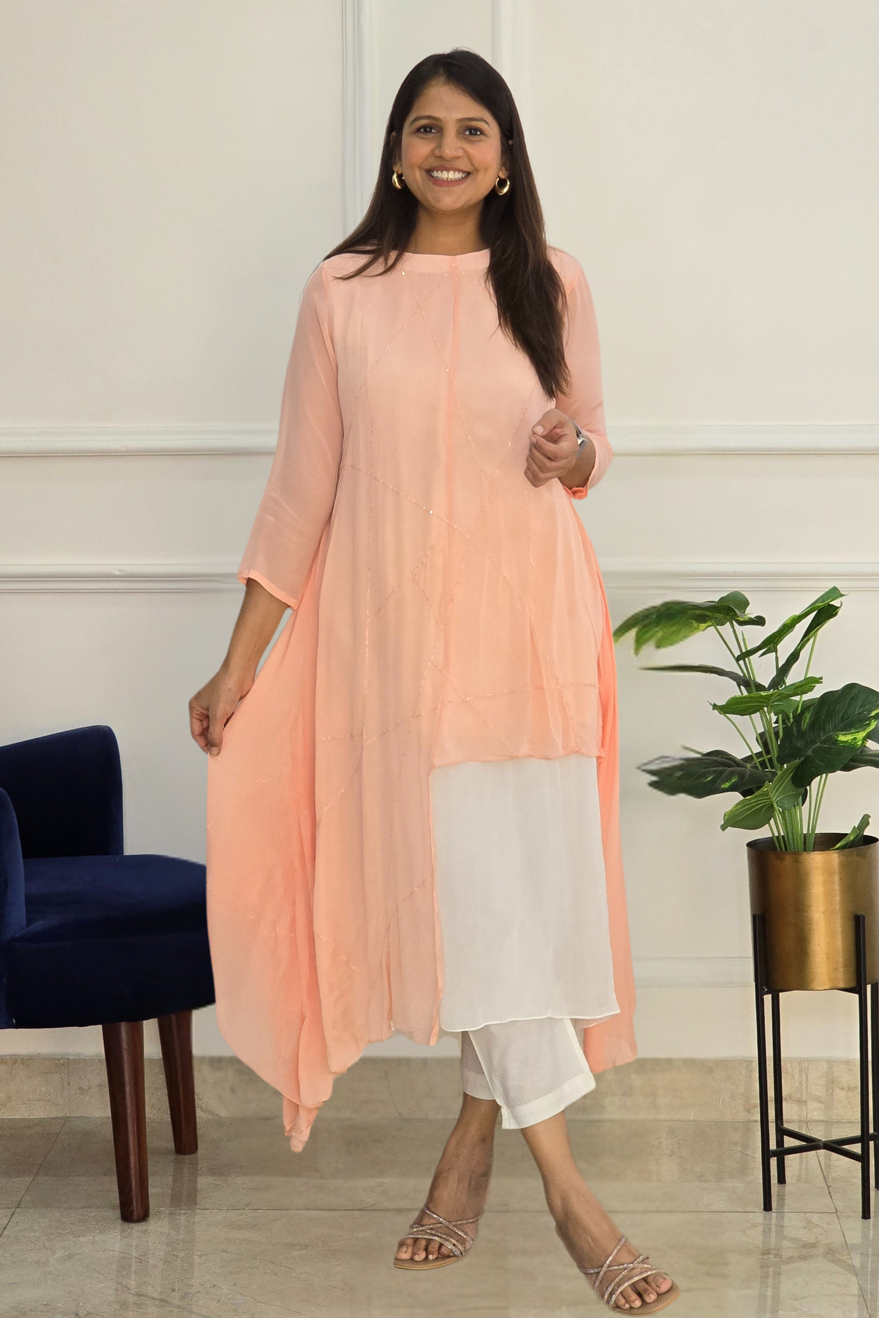 Peach Asymmetrical Kurta Set – pinktreebyshrutika